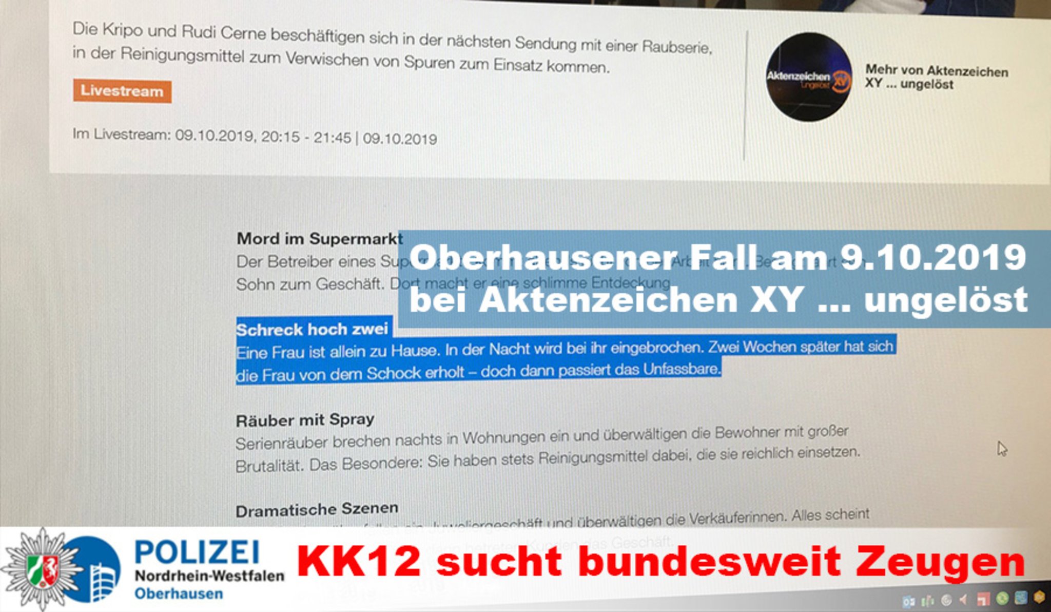 Oberhausener Fall bei Aktenzeichen XY ... ungelöst: Polizei erhält zahlreiche Hinweise - Oberhausen