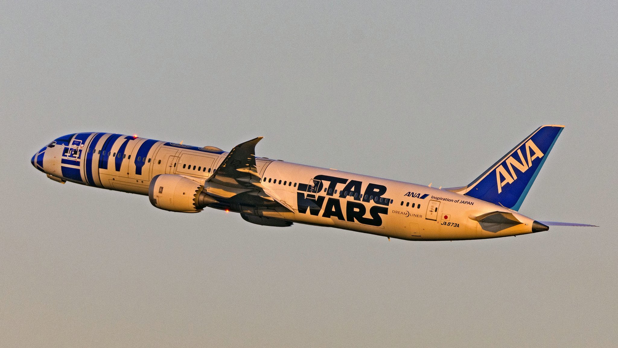 ANA R2 D2 Dreamliner in der Abendsonne nach dem Start in Richtung Tokyo