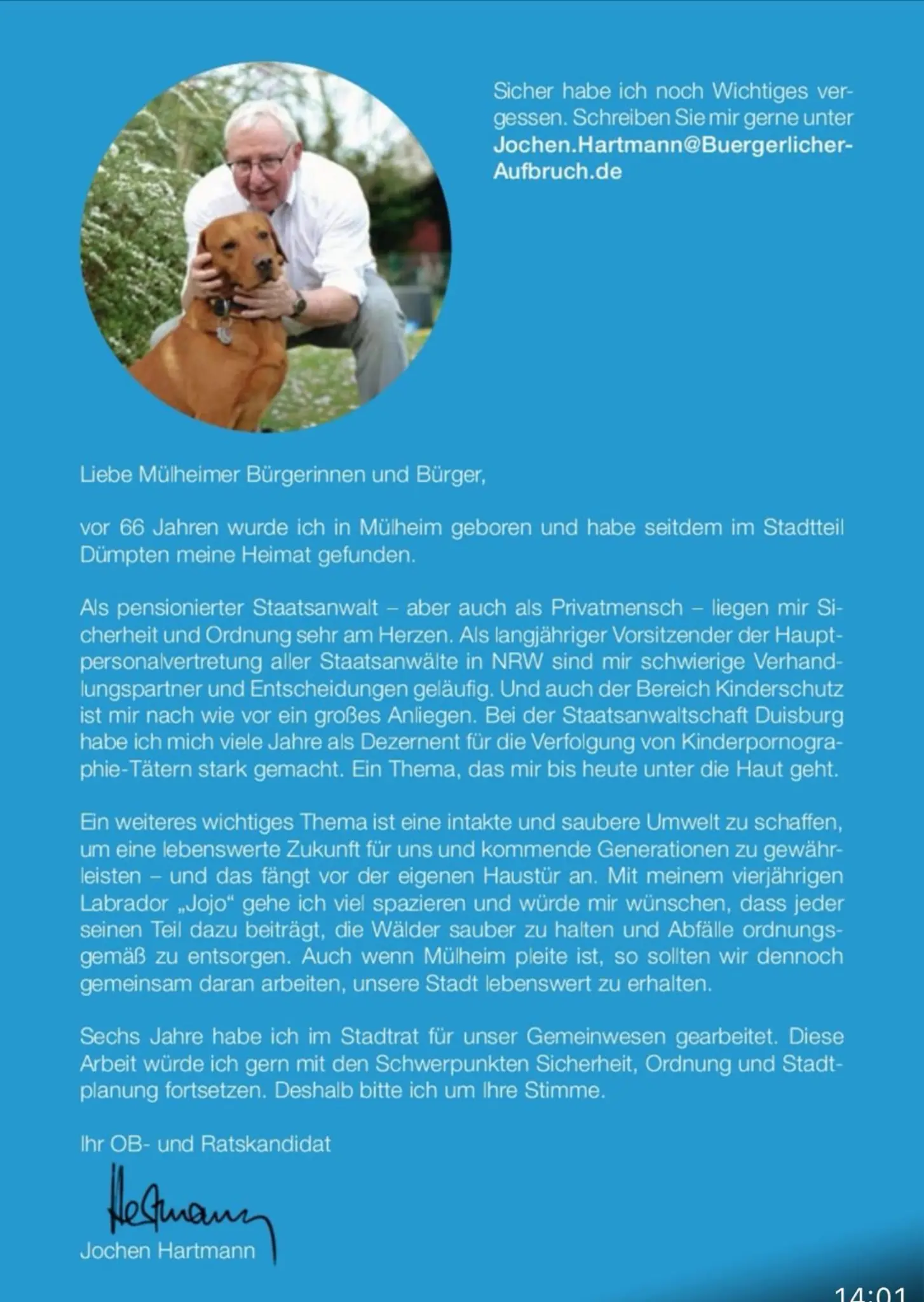 Nah bei den Menschen, der Bürgermeisterkandidat Jochen Hartmann im Porträt.